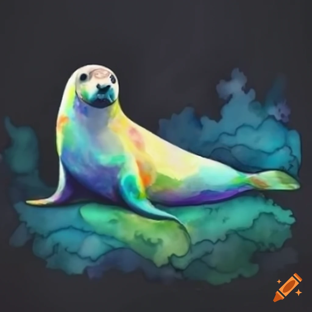 Colorful seal swimming underwater in bright watercolor on Craiyon