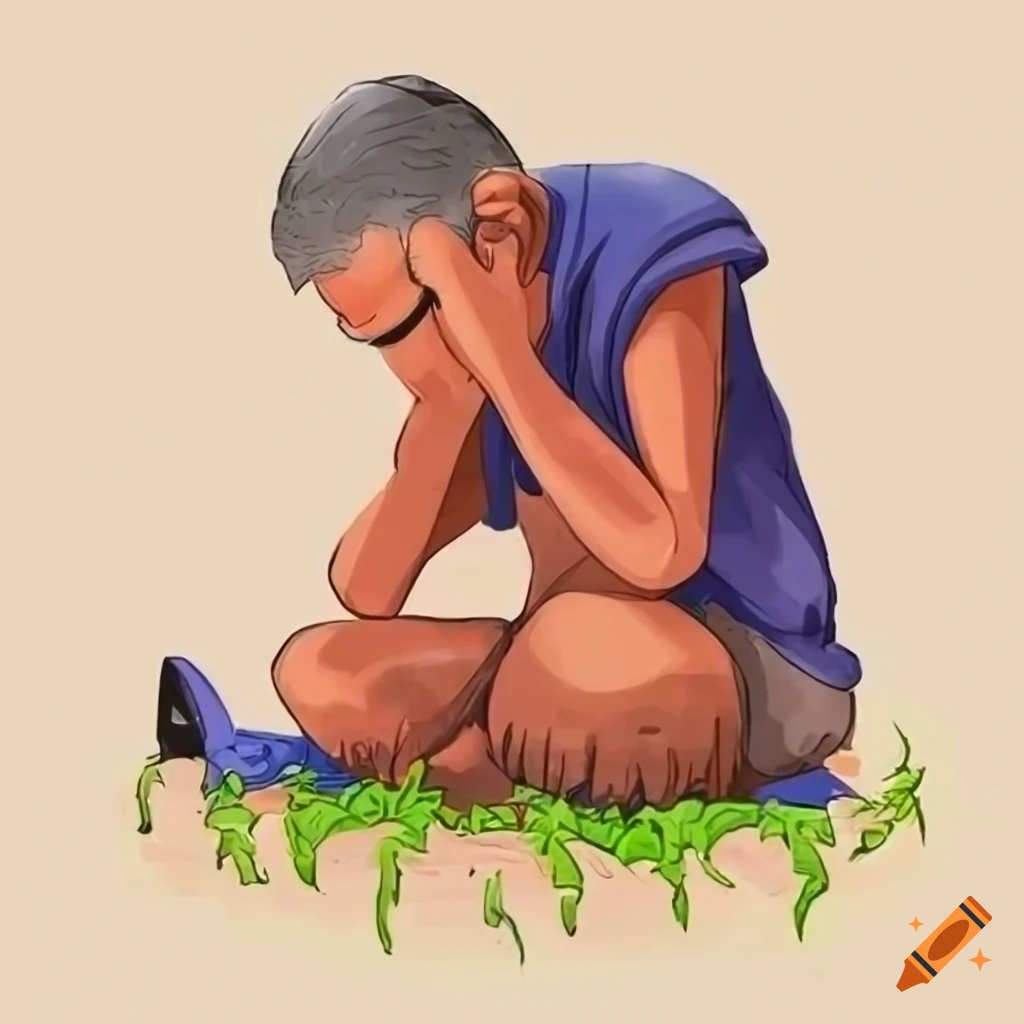 Sad cartoon Venezuelan villager praying near dying crops on Craiyon