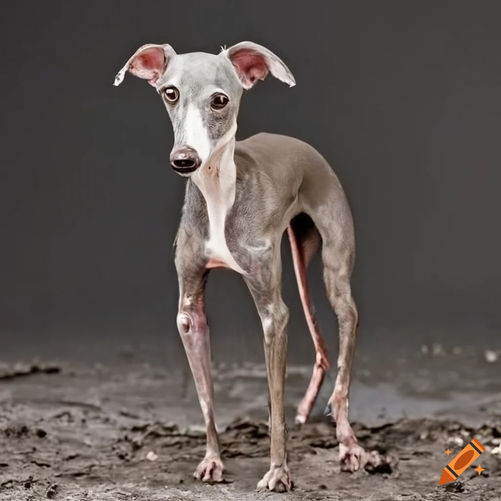 Grey italian greyhound covered in mud on Craiyon
