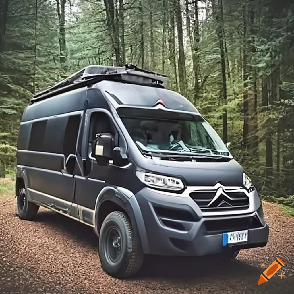 Matte black Citroen Jumper 4x4 campervan in rugged off-road terrain on Craiyon