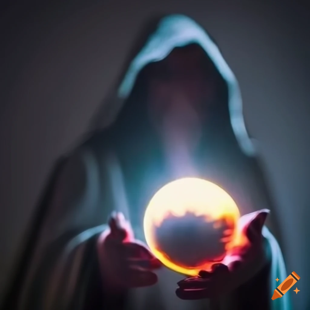 Ancient wizard holding a glowing orb in a dimly lit chamber on Craiyon