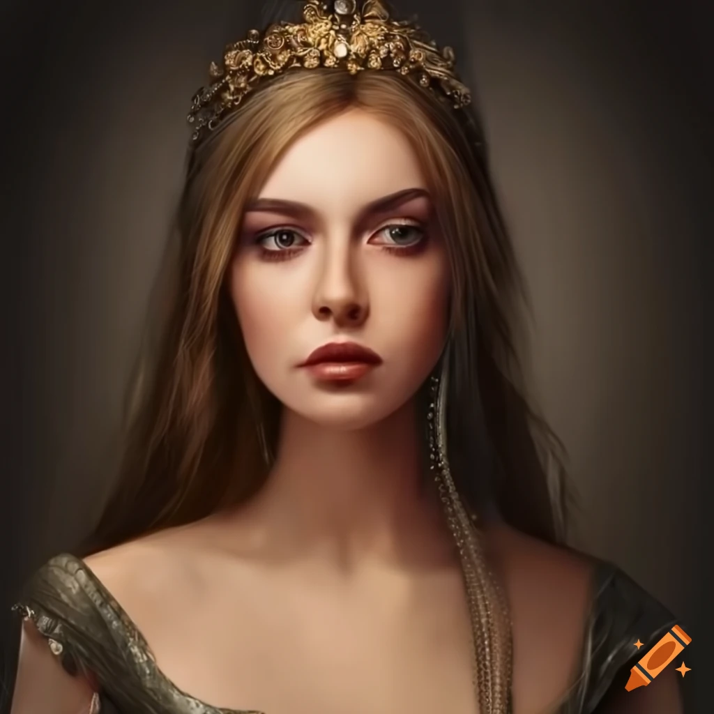 Portrait of a beautiful woman in medieval royal attire with brown hair ...