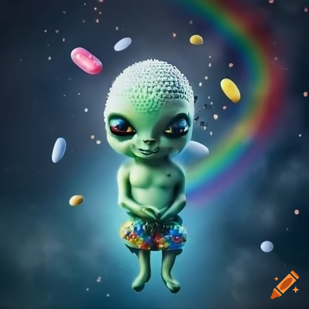 Funny alien Buddha floating in space with colorful pills and rainbows ...
