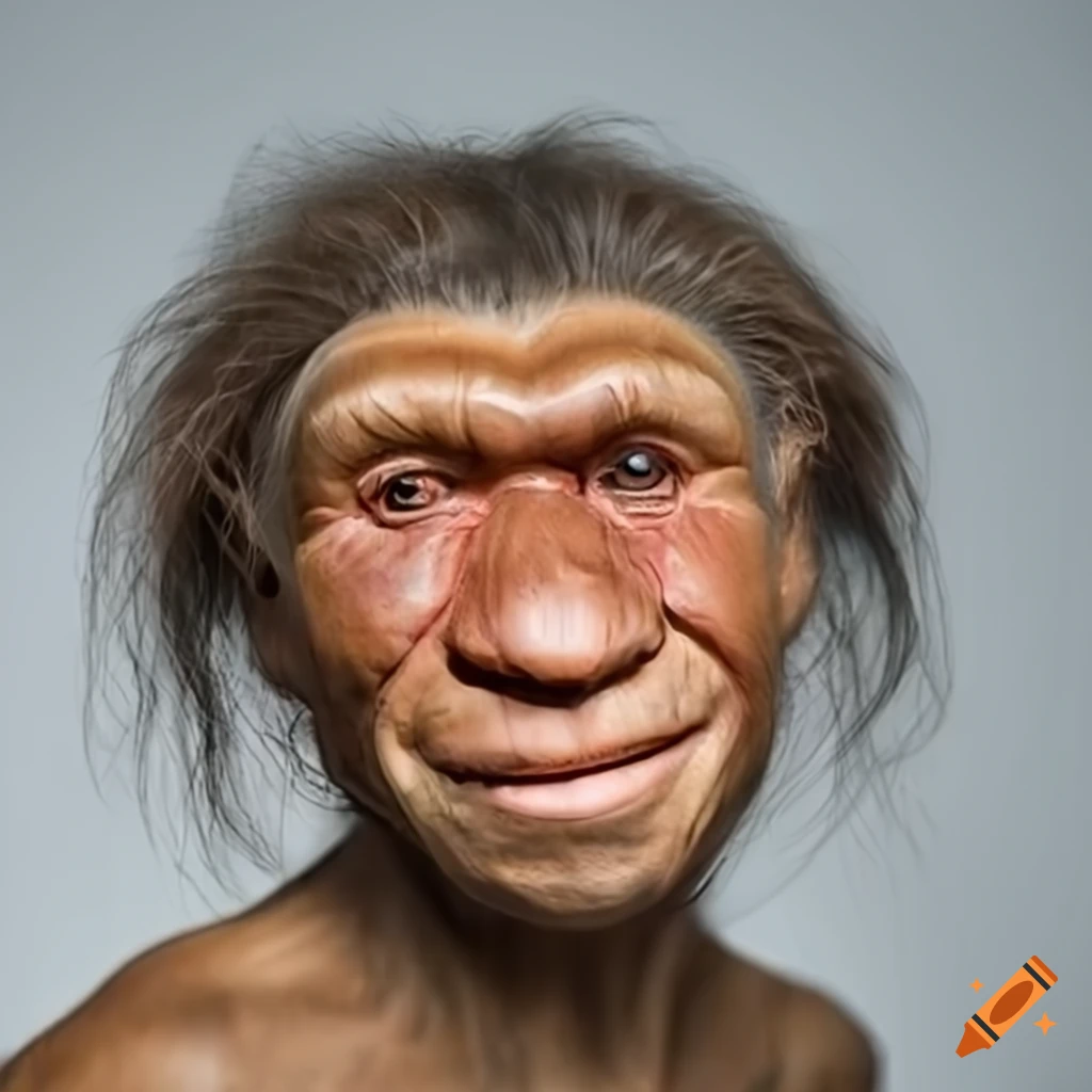 Smiling neanderthal man in a pullover on light gray background on Craiyon