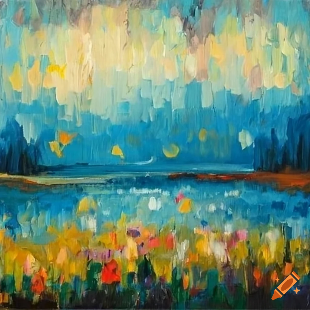 Abstract lake landscape with wildflowers in vintage style oil painting ...