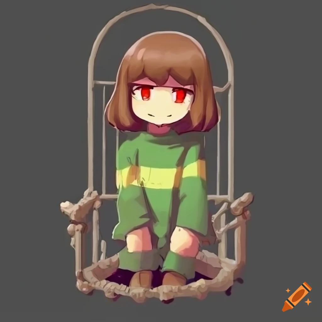 Chara from undertale sitting quietly in a decorated cage on Craiyon