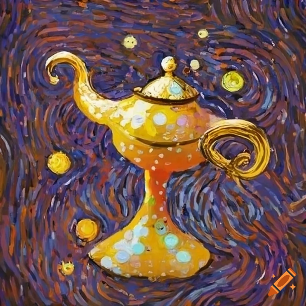 Magical genie lamp with a sapphire backdrop in gogh-style impressionism ...