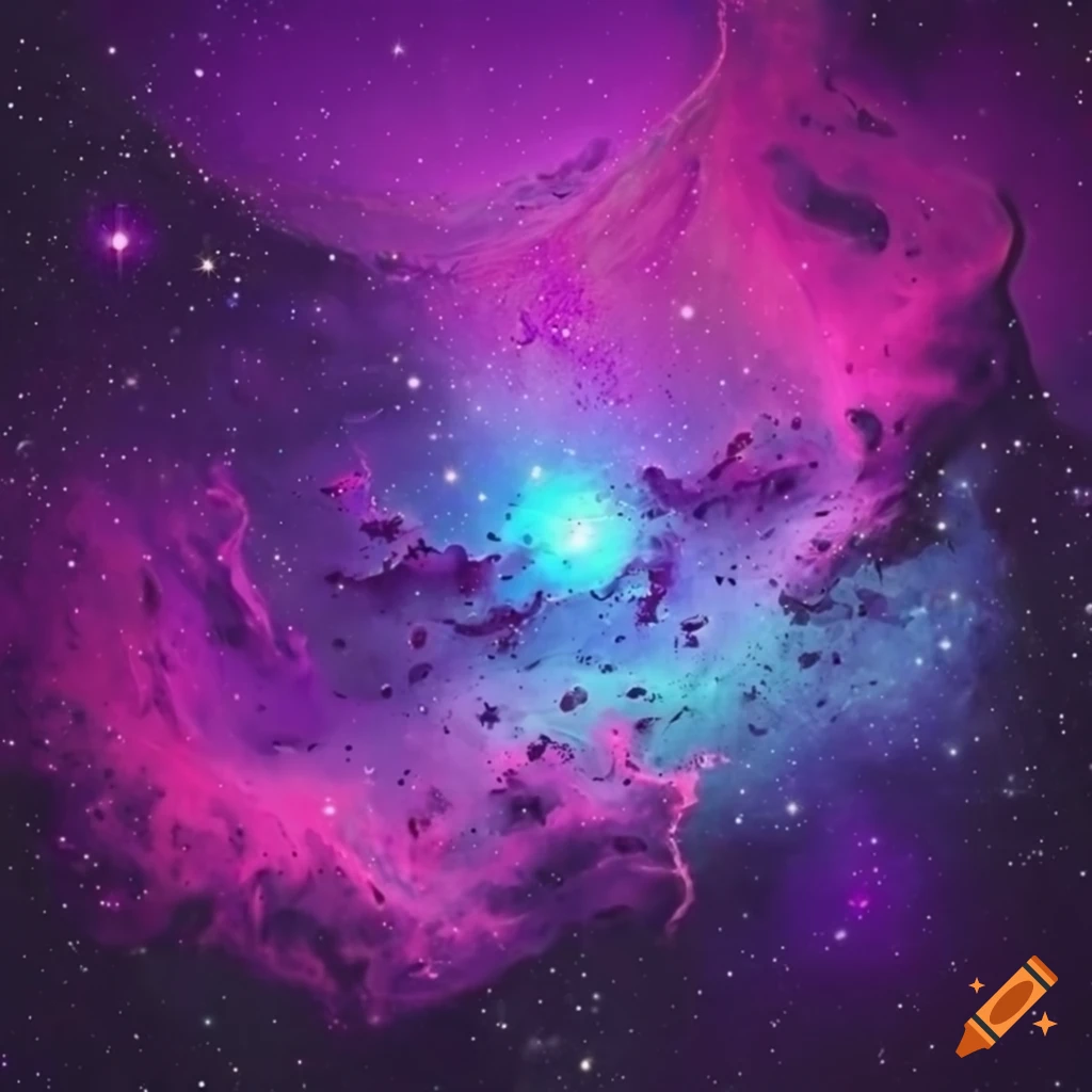 Pink and purple space with bright nebulae and large stars in a neon ...