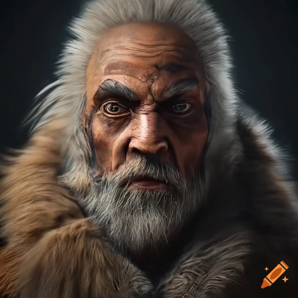 Man in primitive fur clothing against a dark background on Craiyon