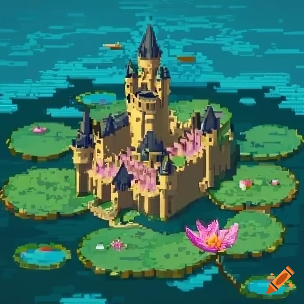 Isometric pixel art of a majestic castle on giant lily pads on Craiyon