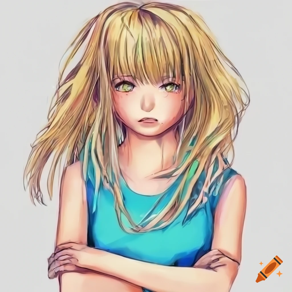 Anime Girl With Blonde Hair And Green Eyes In A Pink Sleeveless T Shirt On Craiyon