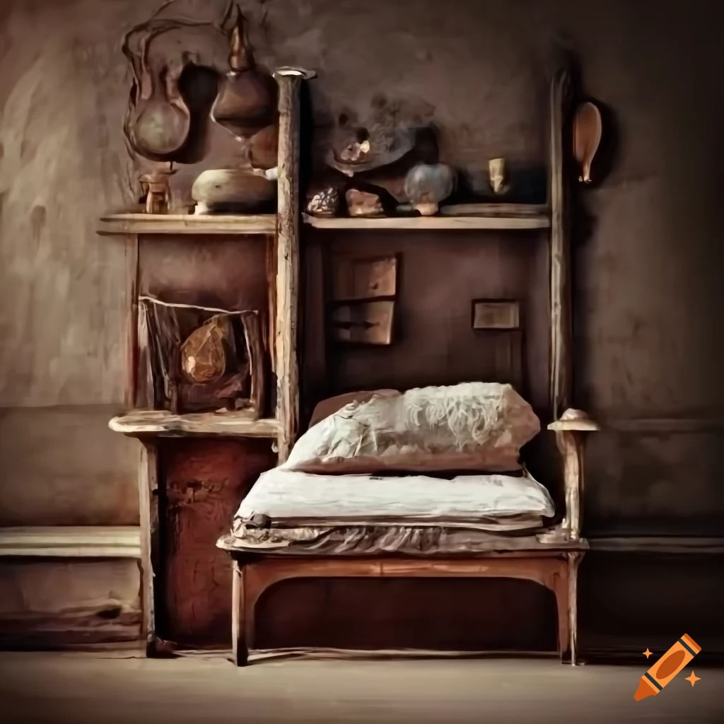 Small old room with artifacts on shelf and bed under window on Craiyon
