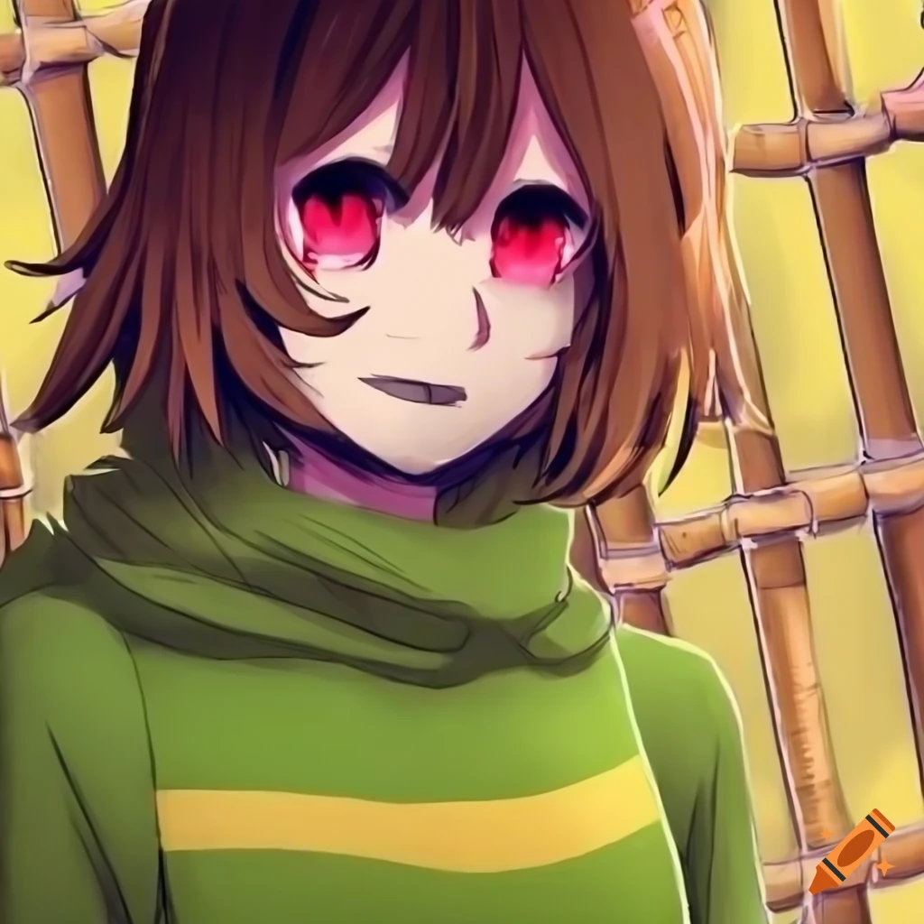 Chara from undertale trapped in a bamboo cage on Craiyon
