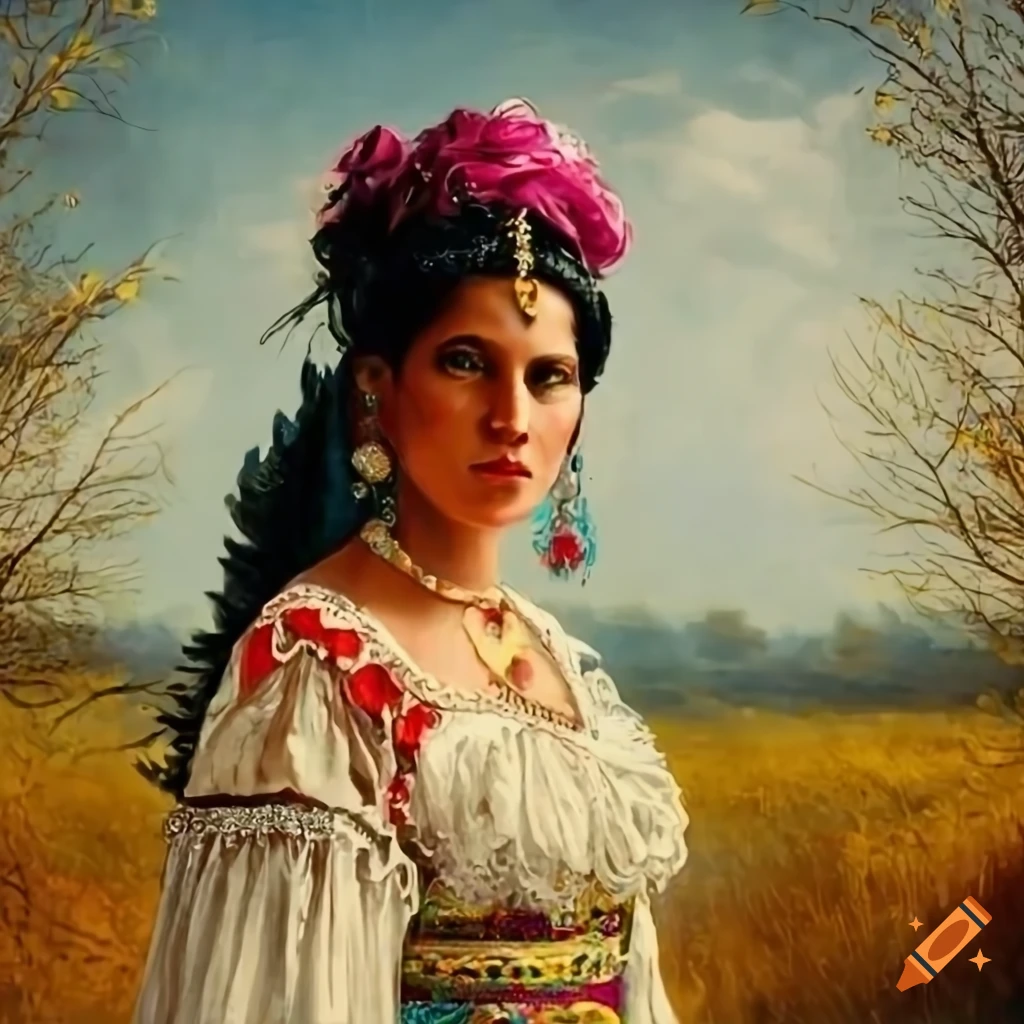 Elegant gypsy woman in traditional attire walking on a rural road in ...