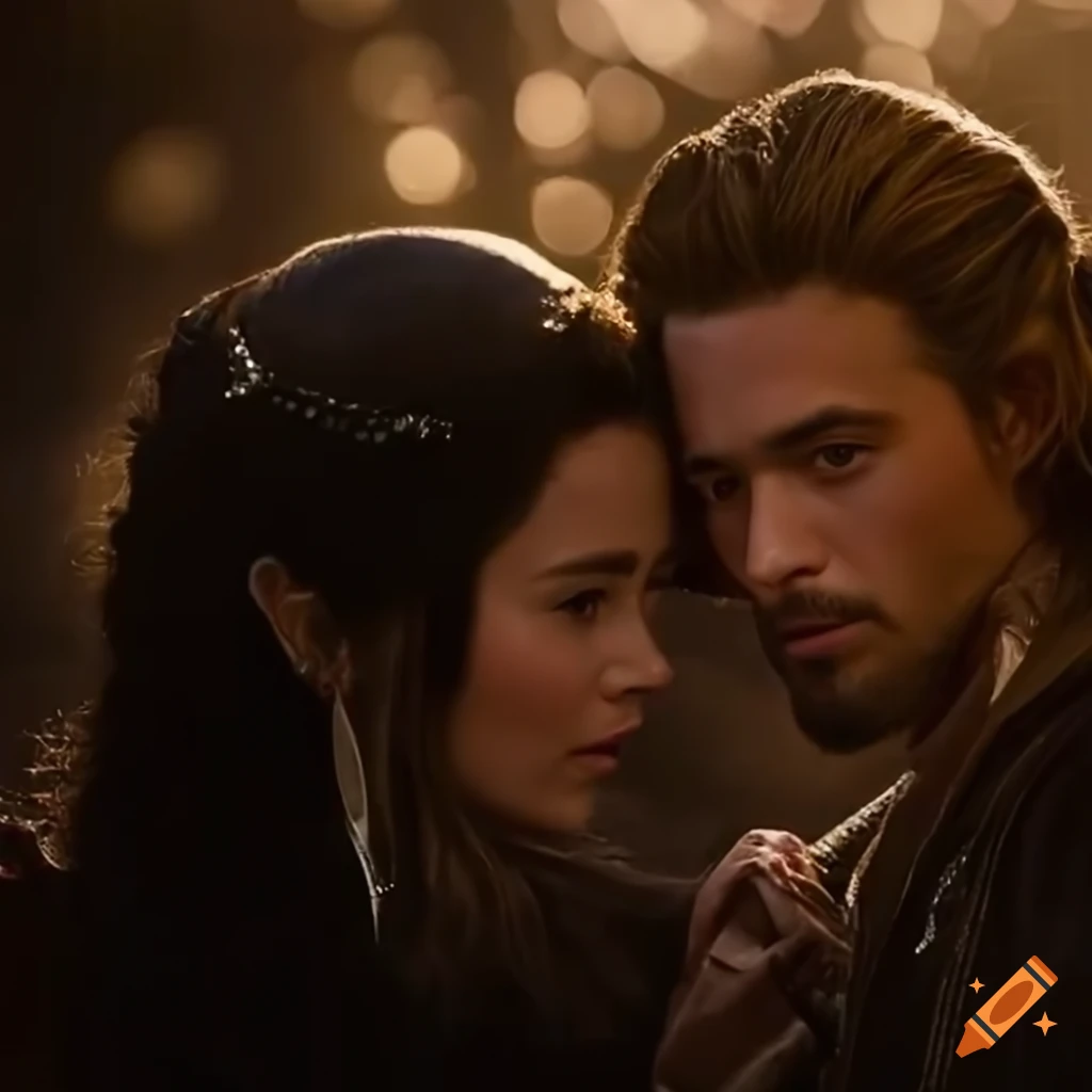 Cinematic scene from 'Romance and Runes' movie adaptation on Craiyon