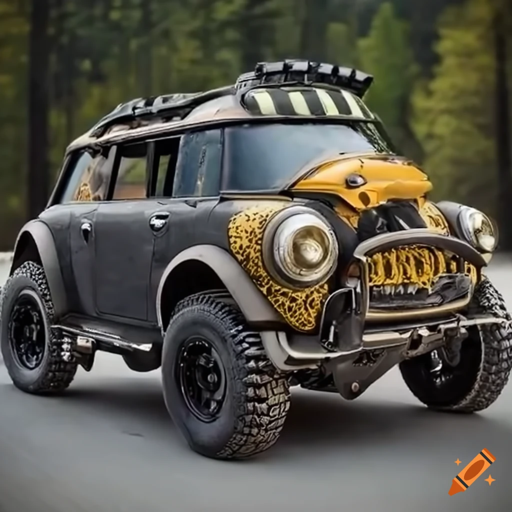 Post-apocalyptic mini cooper with off-road features and bumble bee ...