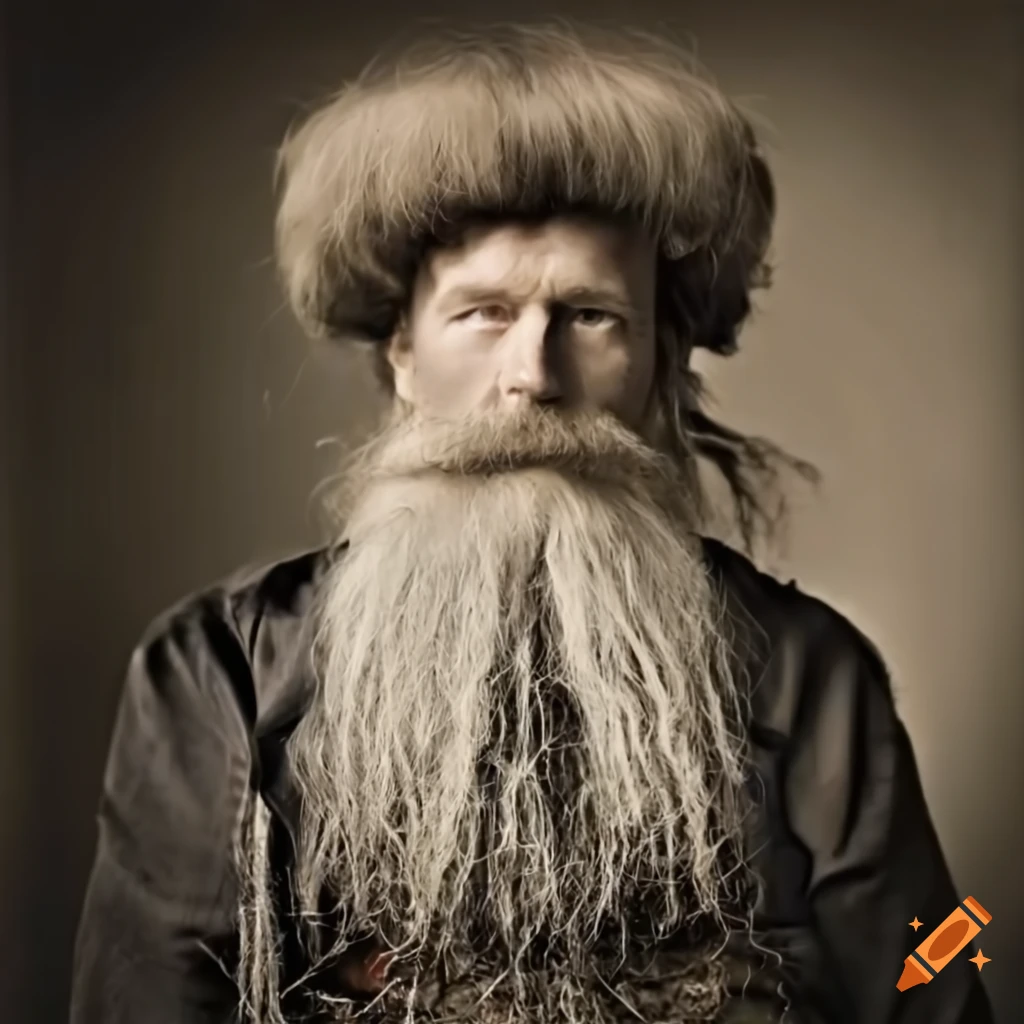 Elderly Russian man in traditional 17th-century attire with white hair ...