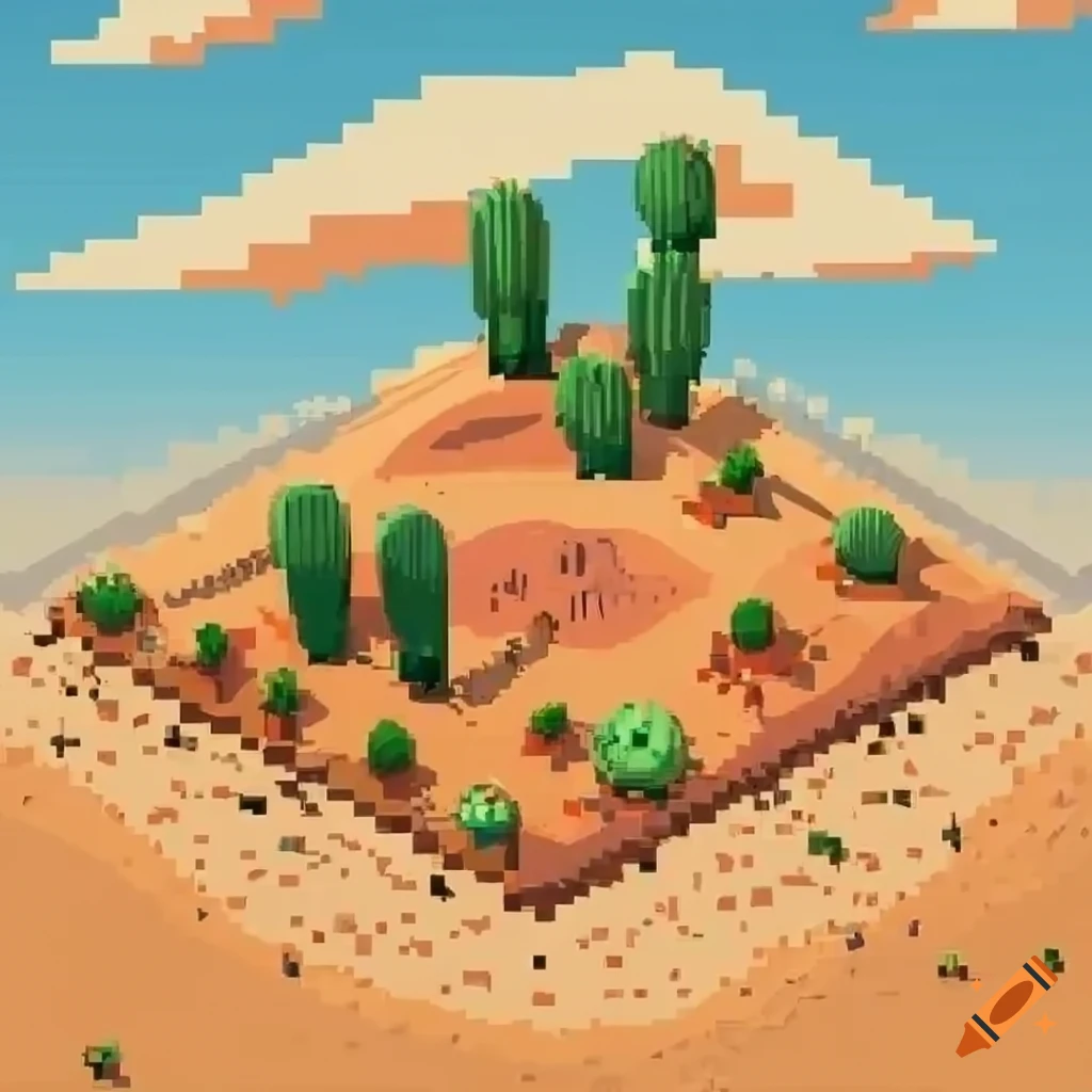 Isometric pixel art of a dry landscape with sand hill and cactuses on ...