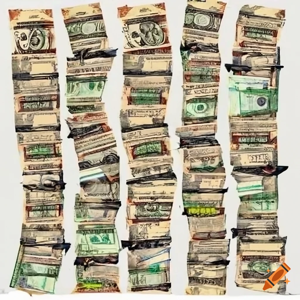 Messy pile of torn and crumpled money bills with graffiti-like drawings ...