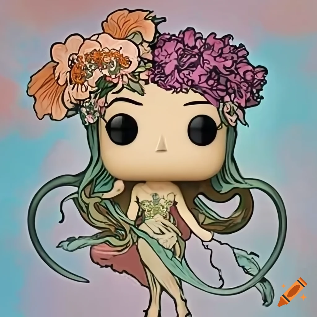 Funko pop with a flowery design inspired by mucha on Craiyon