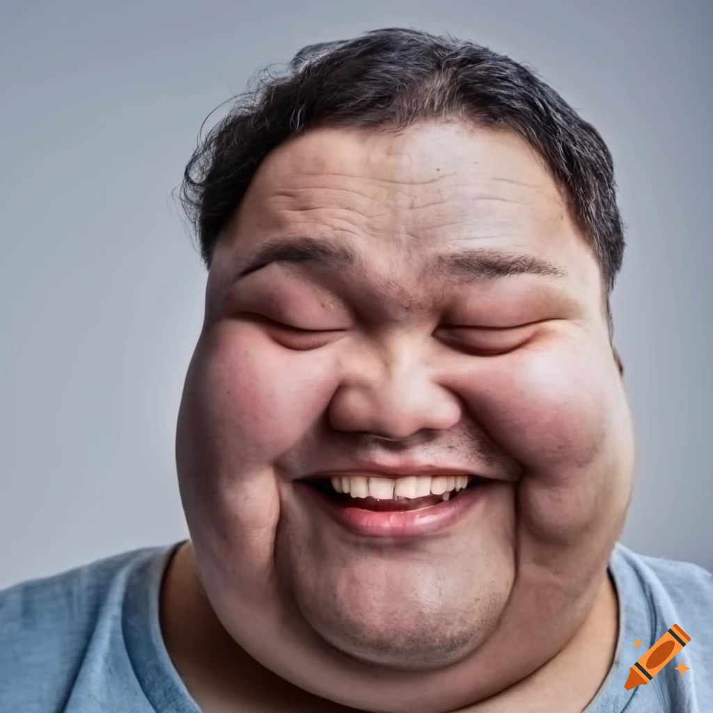 Happy overweight man smiling on light gray background on Craiyon