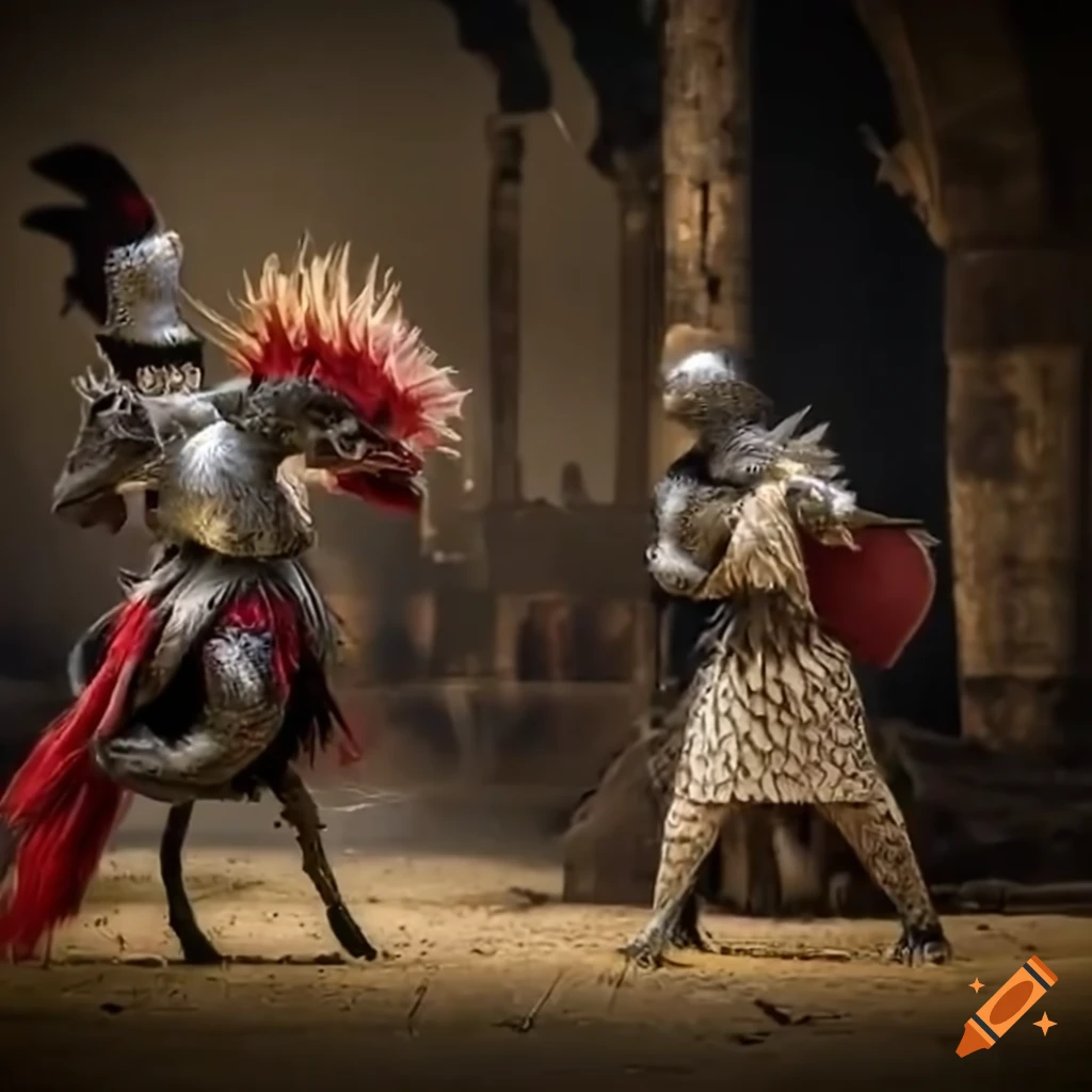 Rooster knight bravely fighting against tiny dragons in a battle scene ...