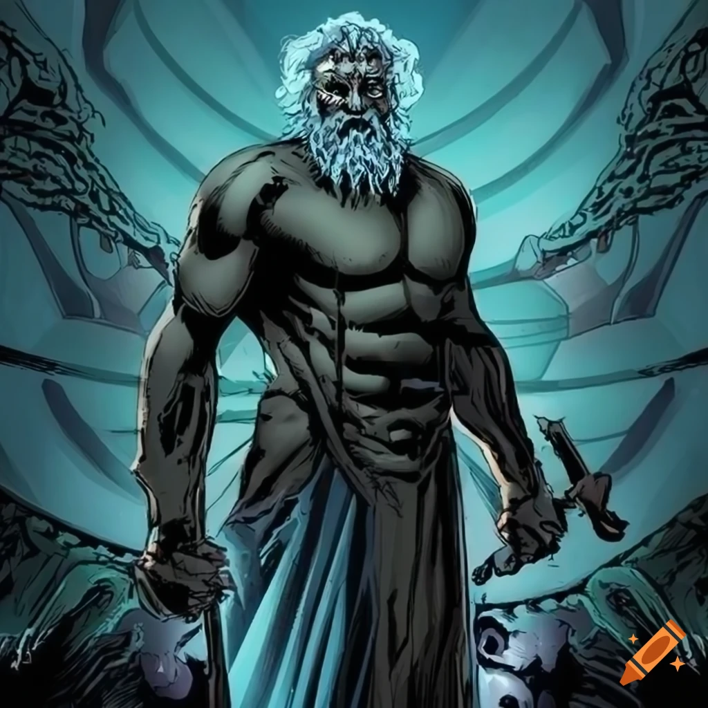 Zeus depicted in dark sci-fi comic art style on Craiyon