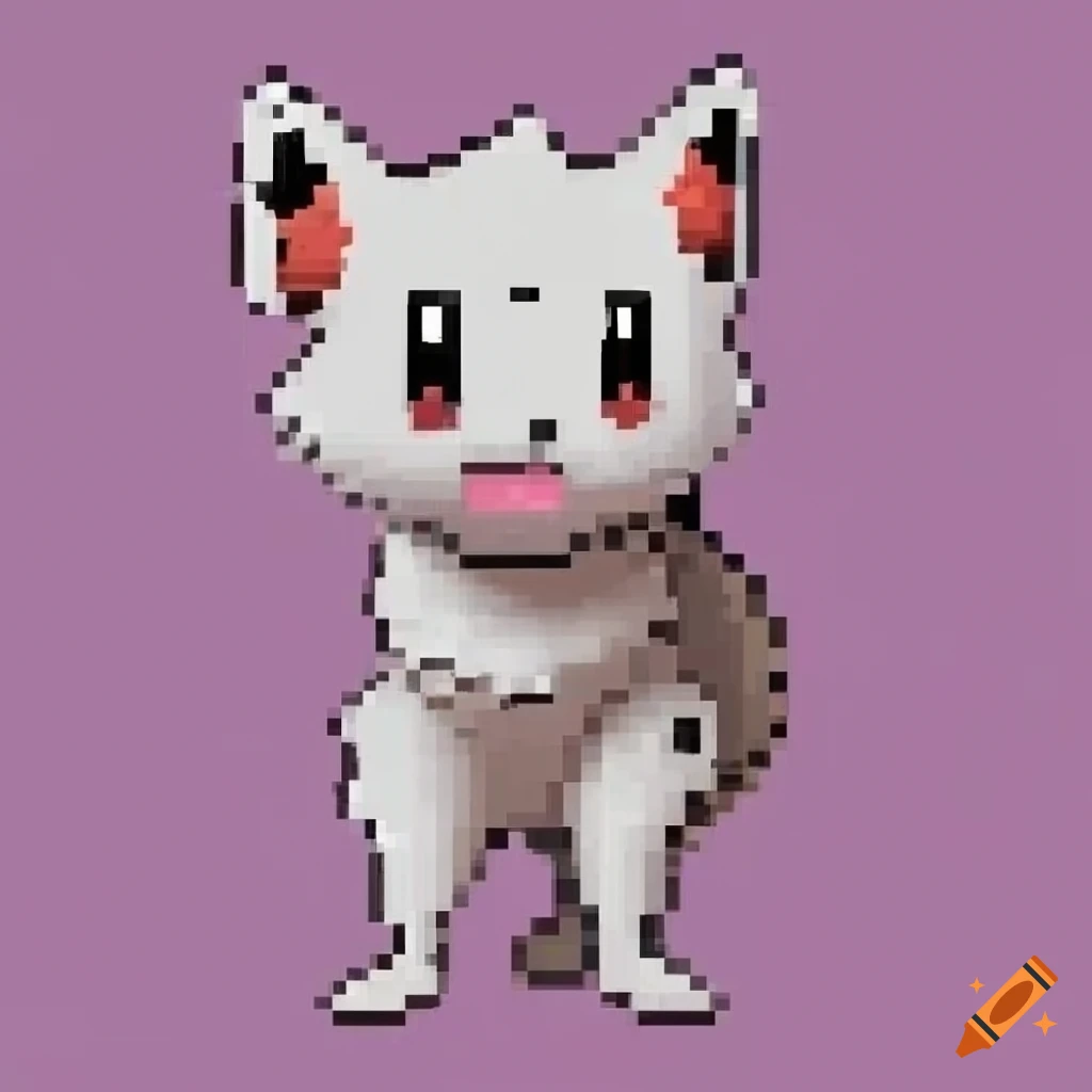 Pixel art of the rapid cat Pokémon Timacat, a white bipedal cat on Craiyon