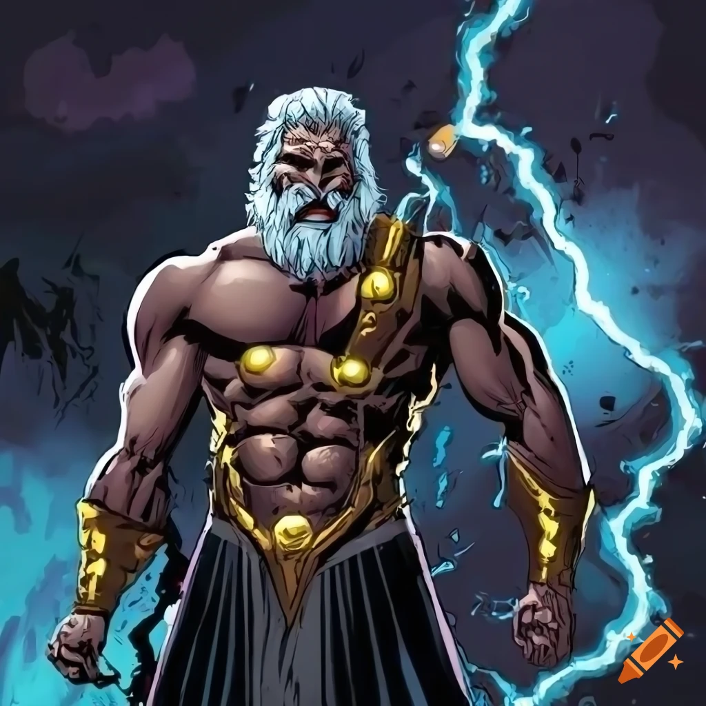 Zeus in a dark sci-fi comic style depiction on Craiyon