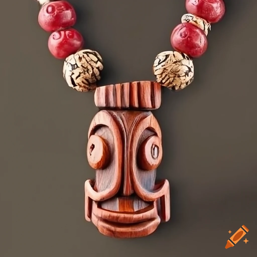 Hidden immunity idol necklace with red beads and wooden tiki man on Craiyon