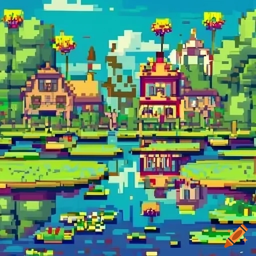 Pixel art world with a charming village on giant lily pads on Craiyon