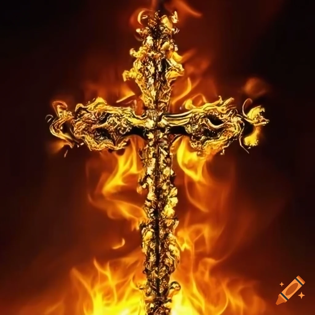 Golden metal cross engulfed in golden yellow fire on Craiyon