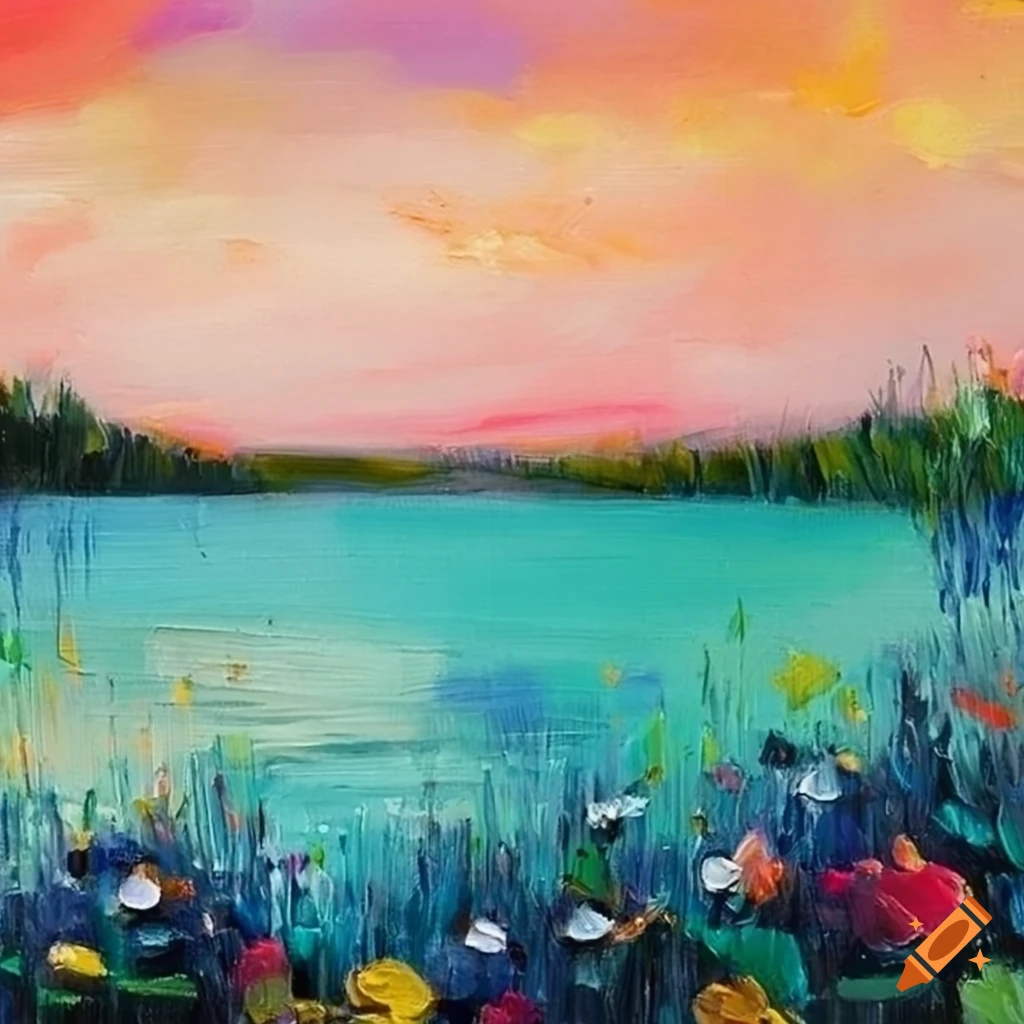 Abstract lake landscape with wildflowers in an oil painting on Craiyon
