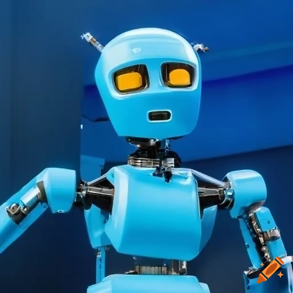 Blue humanoid robot with periscopes for eyes and electrified limbs on ...