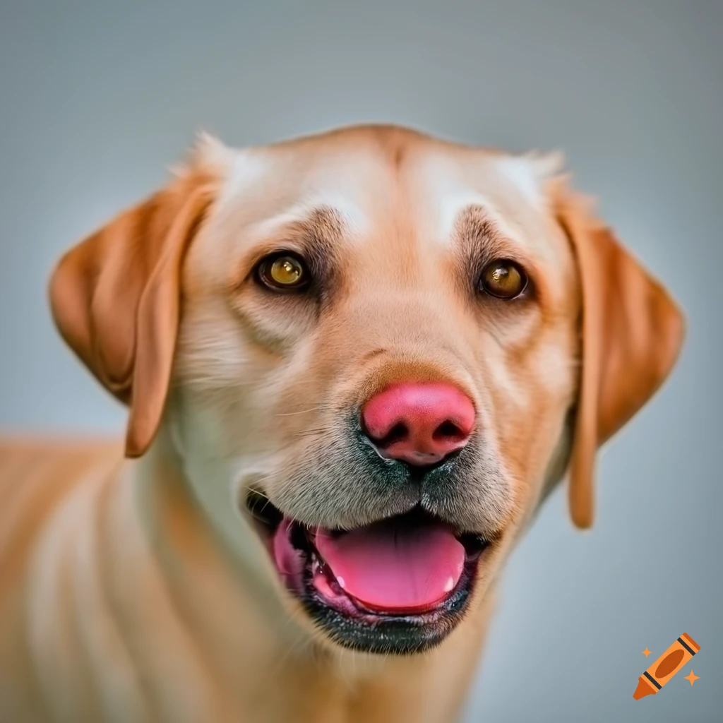 Smiling yellow labrador retriever with pink nose and dappled ears on ...
