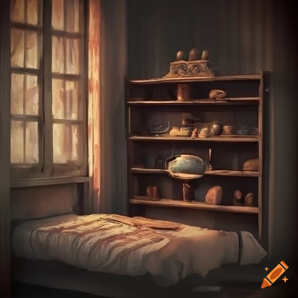 Small, old room with artifacts on a shelf and a bed under a window on ...