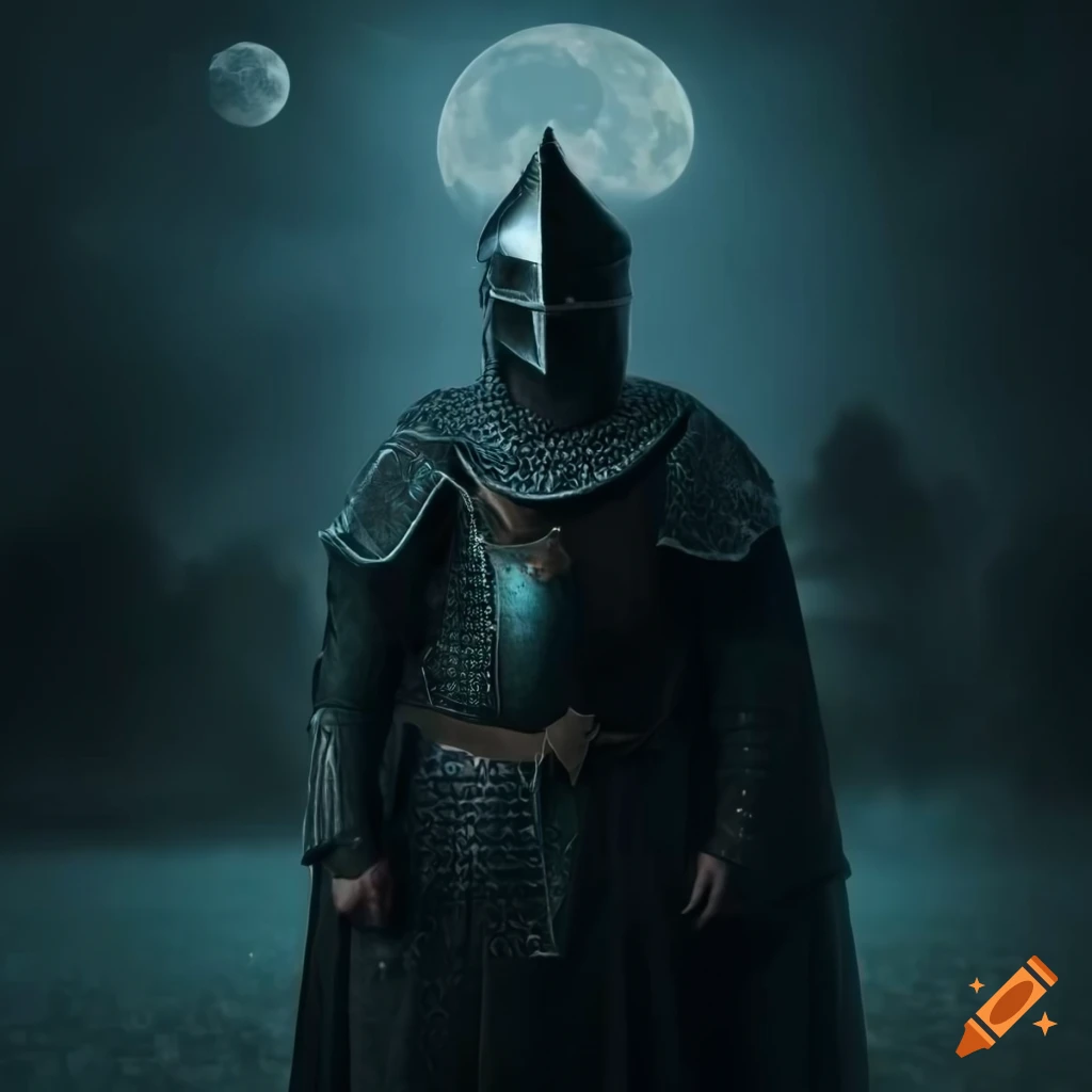 Courageous knight standing on grass at night under the moonlight on Craiyon