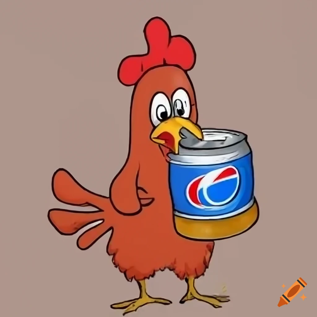 Quirky cartoon chicken drinking a can of pepsi on Craiyon