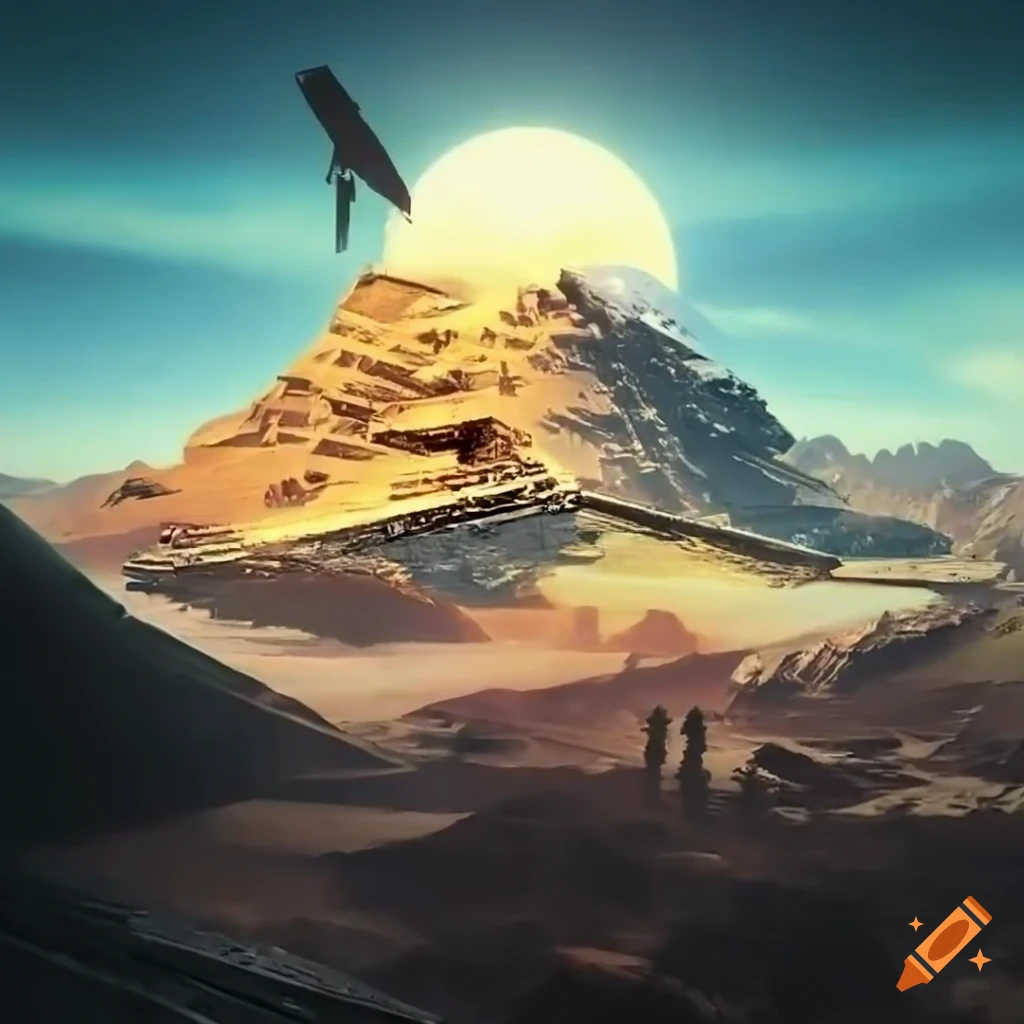 Mountain scenery with a surreal star destroyer wreckage on Craiyon