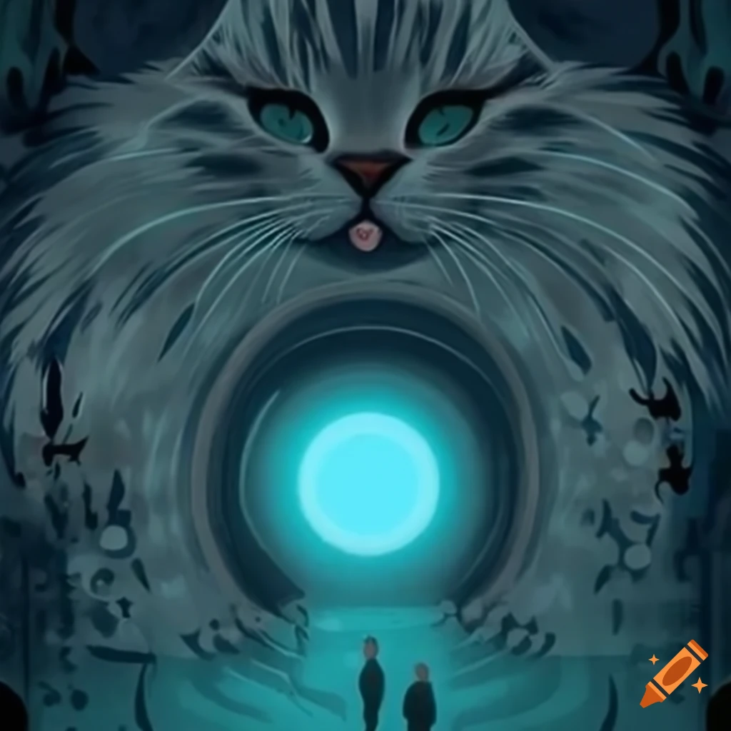 Cat emerging from black hole portal in 1920s art deco style on Craiyon