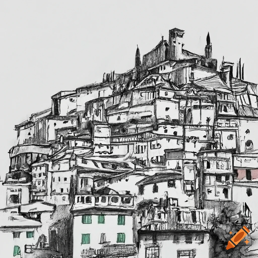 Italian hill town in a pencil sketch on Craiyon