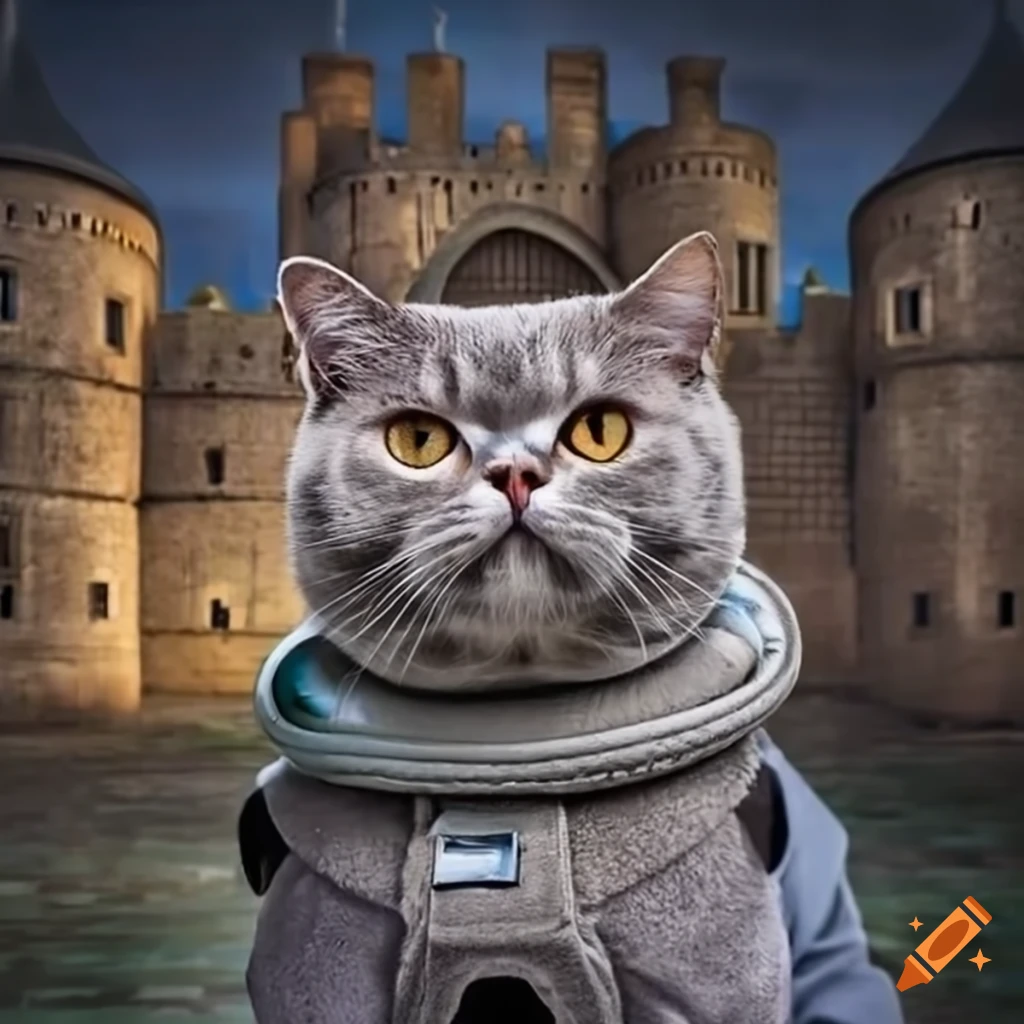 British shorthair cat in spacesuit with medieval castle backdrop on Craiyon