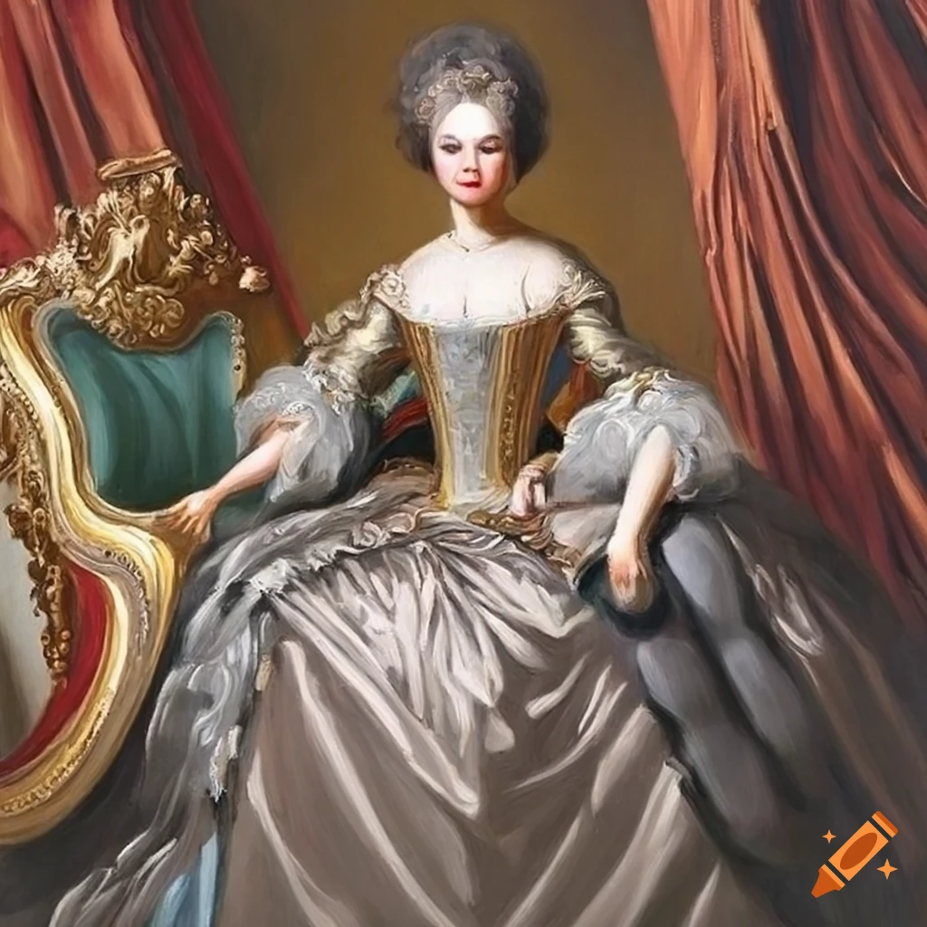 Oil painting of a woman in baroque attire on a decorated chair with ...