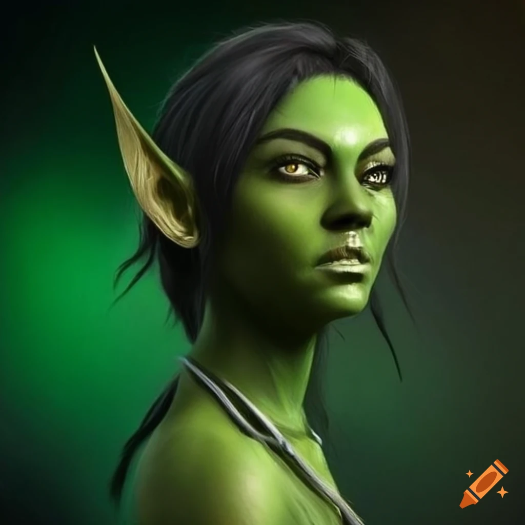 Realistic young female goblin with dark green skin and long hair in ...