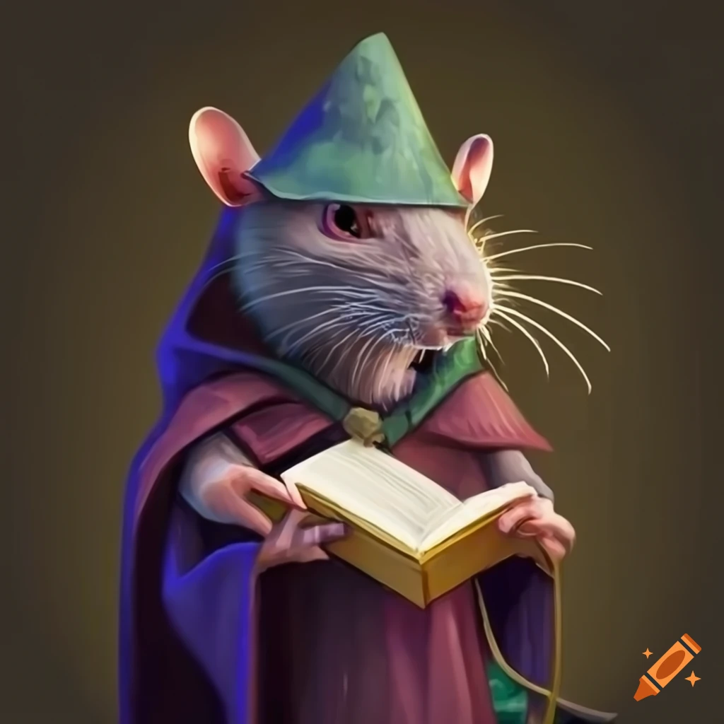 Rat wizard with a book and cloak on Craiyon