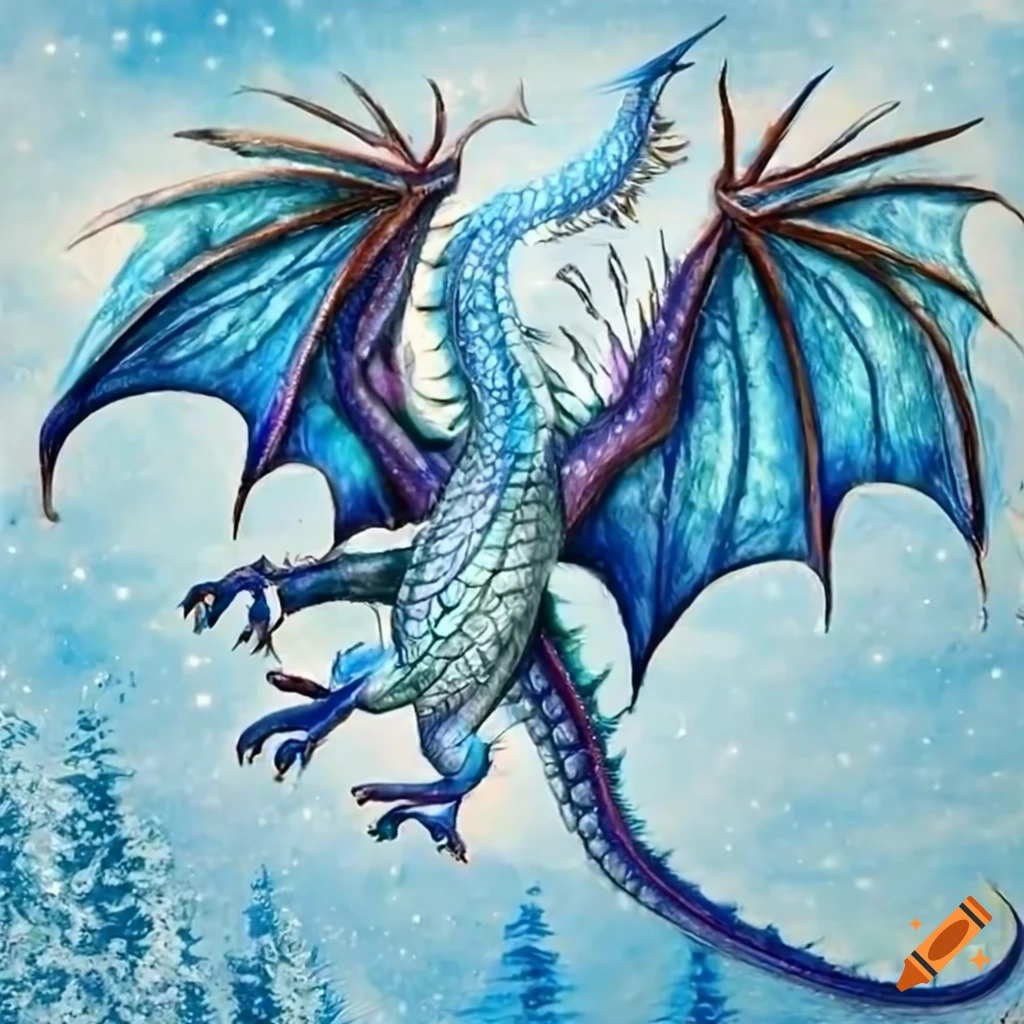 Magnificent ice dragon flying in wintry landscape on Craiyon