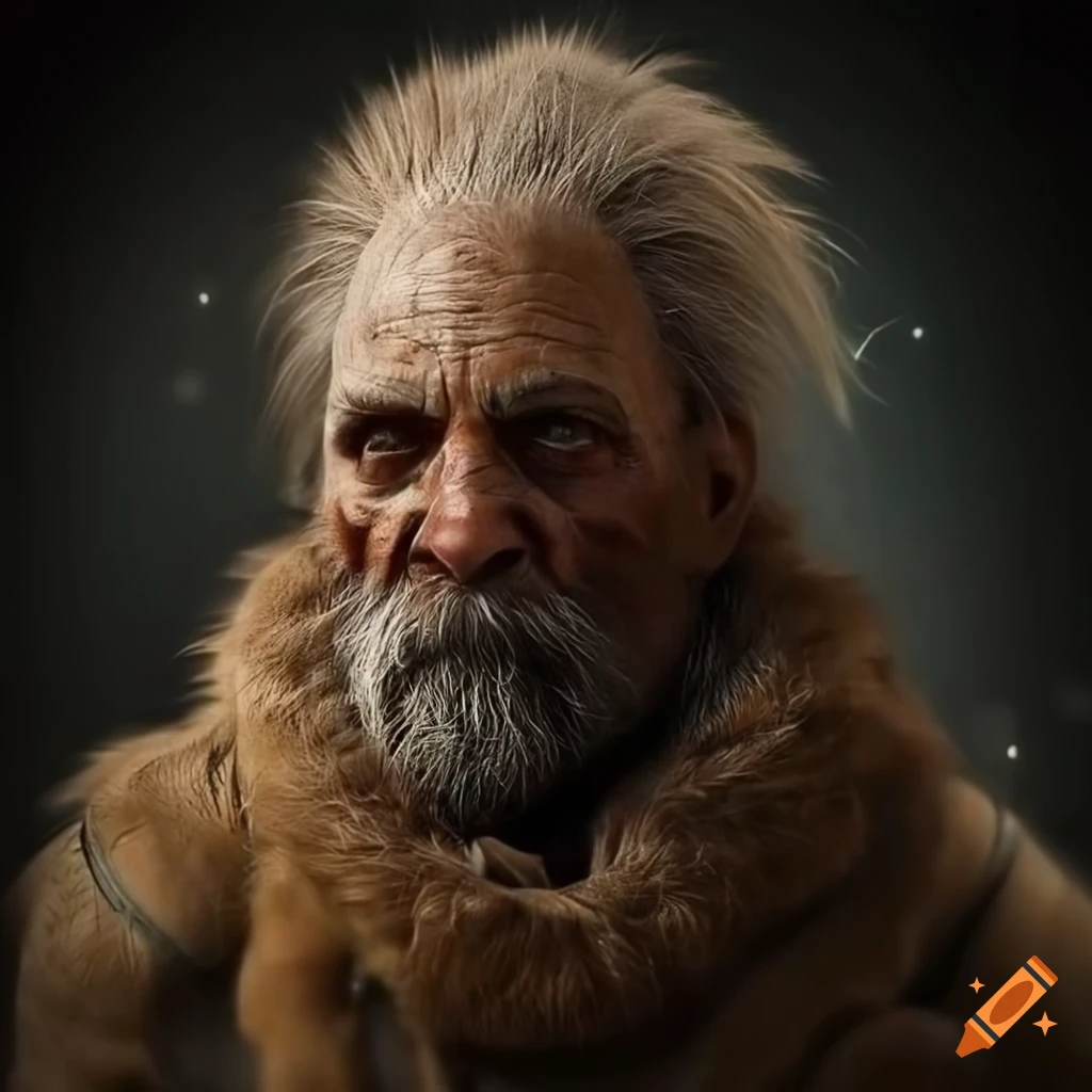 Stilgar in a paleolithic fur attire against a dark background on Craiyon