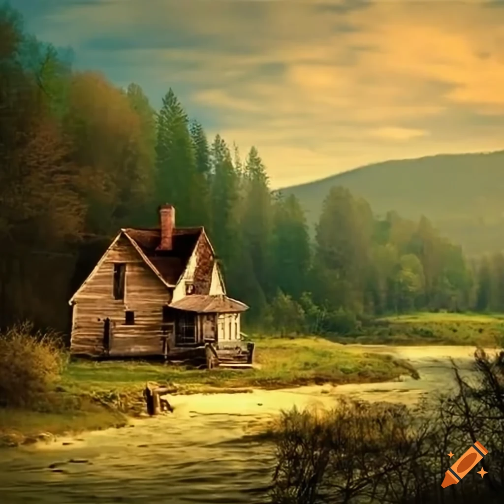 Idyllic 1800s american homestead with a picturesque river nearby on Craiyon