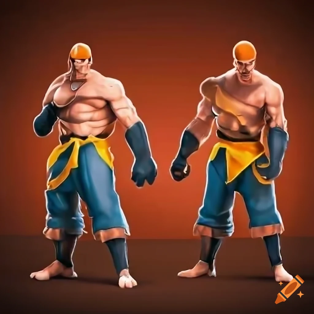 Two fighting game characters in action against an orange background on ...