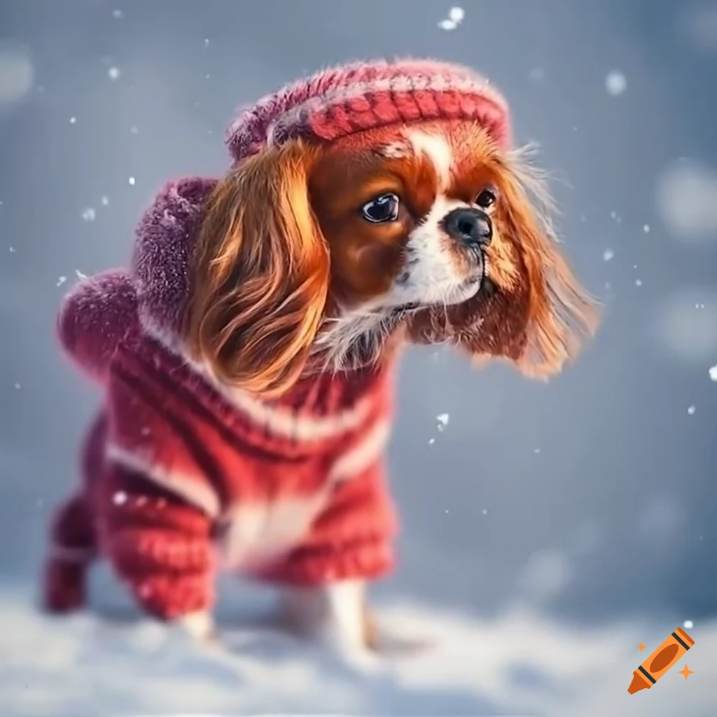 Ruby King Charles spaniel playing in the snow with a cozy jumper on Craiyon